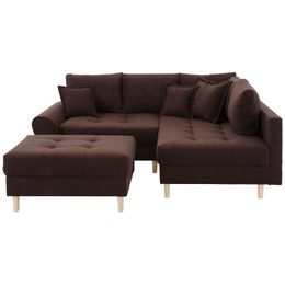 Ecksofa Home Affaire "Rice L-Form, B: 223 cm - OTTO. Verl&auml;ssliche Qualit&auml;t.", braun (dunkelbraun), B:223cm H:47cm T:184cm, Luxus-Microfaser (100% Polyester);Struktur fein (100% Polyester);Microfaser PRIMABELLE (100% Polyester);Samtoptik (100% Polyester), Sofas, Ecksofa, Set: Sofa & Hocker, mit 3 Zierkissen, Federkern