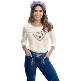 Damen 3/4-Arm-Shirt mit platziertem Druck ecru-flamingo, Gr&ouml;&szlig;e 46