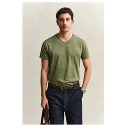 T-Shirt Gant "SLIM SHIELD V-NECK T-SHIRT", Herren, Gr. 3XL, dry herb gr&uuml;n, Jersey, Obermaterial: 100% Baumwolle, Basic, slim fit h&uuml;ftbedeckend, V-Ausschnitt, abgesteppte Kante, Shirts T-Shirt, mit einer kleinen Logostickerei auf der Brust