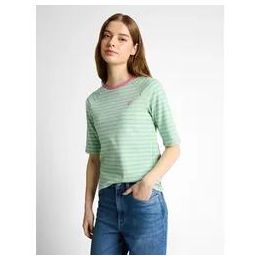T-Shirt Tom Tailor DENIM, Damen, Gr. S, tonal matcha gr&uuml;n stripe, Jersey, Obermaterial: 100% Baumwolle, bedruckt, gestreift, regular fit normal, Rundhals, gerader Abschluss, Shirts T-Shirt, mit Print