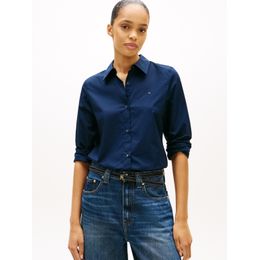 Hemdbluse Tommy Hilfiger "STRETCH REGULAR LS SHIRT", Damen, Gr. 46, blau (schwarz night navy), Web, Obermaterial: 97% Baumwolle, 3% Elasthan, unifarben, regular fit normal, 1-Knopf-Manschette mit Schlitz, Blusen Hemdbluse, mit gesticktem Tommy Hilfiger Logo, Regular Fit