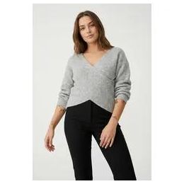 Wickelpullover Pieces "PCSILLY LS REV WRAP KNIT NOOS BC", Damen, Gr. S, light grau melange, Strick, Obermaterial: 90% Polyester, 5% Wolle, 5% Elasthan, meliert, unifarben, figurbetont taillenlang, V-Ausschnitt, Pullover, im Wickeldesign