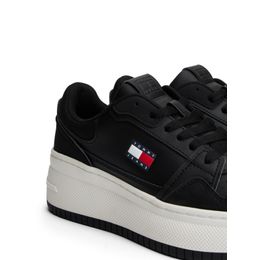 Tommy Jeans Damen Keilsneaker "TJW RETRO BASKET FLATFORM", Gr. 39, schwarz, Leder, Lederimitat, Schuhe, Plateau, Freizeitschuh, Schn&uuml;rschuh, mit