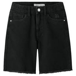 Jeansbermudas name it "NKFBELLA HW WIDE DNM SHORTS 1488-BE NOOS", M&auml;dchen, Gr. 128, N-Gr, schwarz denim, Denim/Jeans, Obermaterial: 100% Baumwolle, Abriebeffekte, overdyed, unifarben, relaxed fit ca. Mitte Oberschenkel, Jeans, Baumwolle, ausgefranster Saum