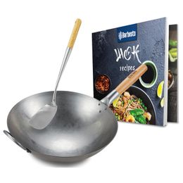 CLP Wok-Set aus Karbonstahl I Flacher oder runder Boden f&uuml;r Gas, Induktion und Grill I Wokpfanne mit Holzgriff, Rezeptbuch & Wokwender