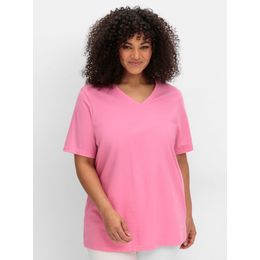 T-Shirt sheego "T-Shirt", Damen, Gr. 48/50, rosa (blumiges pink), 100% Baumwolle, unifarben, V-Ausschnitt, Shirts T-Shirt