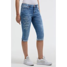 Regular-fit-Jeans SOCCX, Damen, Gr. 27, Kurz, blau, Denim/Jeans, Material: 63% Baumwolle, 25% Polyester, 10% Viskose, 2% Elasthan, Zusatz: Enth&auml;lt nichttextile Teile tierischen Ursprungs (Badge), bedruckt, regular fit, Jeans, mit Turn-Up Saum
