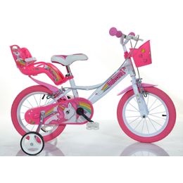 Kinderfahrrad DINO BIKES "16" Unicorn Einhorn Kinderfahrrad M&auml;dchenfahrrad Freilauf 4&ndash;7 Jahre" Gr. 25, pink (wei&szlig;), Fahrr&auml;der, Kinder, 28cm, 16 Zoll (40,64cm), Kinderfahrrad, mit St&uuml;tzr&auml;dern, Korb und Puppensitz