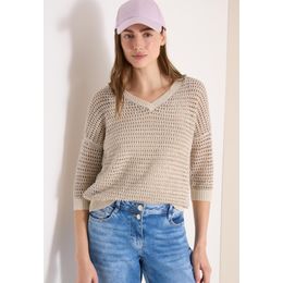 Longpullover Cecil, Damen, Gr. M (40), pearl beige, Stoff, 42% Viskose, 38% Polyester, 18% Baumwolle, 2% metallisierte Fasern, unifarben, comfort fit normal, V-Ausschnitt, B&uuml;ndchen, Pullover Longpullover