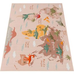 Kinderteppich Paco Home "Bino 583", beige, B:100cm H:4mm L:200cm, Polyester, Teppiche, Kinderteppich, Spielteppich, Motiv Weltkarte & Dinosaurier, Kinderzimmer