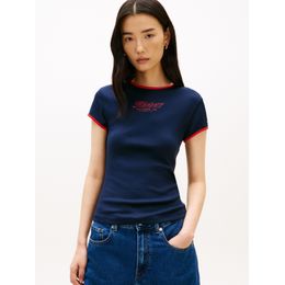 Kurzarmshirt Tommy Hilfiger "TILT GRAPHIC SLIM C-NK SS TEE", Damen, Gr. M (40), schwarz night navy, Single Jersey, Obermaterial: 100% Baumwolle, unifarben, slim fit normal, Rundhals, Shirts