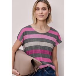 T-Shirt Street One, Damen, Gr. 44, espresso braun, Stoff, 80% Polyester, 20% Viskose, gestreift, normal normal, V-Ausschnitt, abgesteppt, Shirts T-Shirt, mit V-Ausschnitt