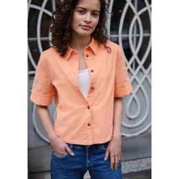 Kurzarmbluse STREET ONE STUDIO, Damen, Gr. 34, soft tangurine, Web, 100% Baumwolle, unifarben, normal normal, V-Ausschnitt, B&uuml;ndchen, Blusen, aus reiner Baumwolle