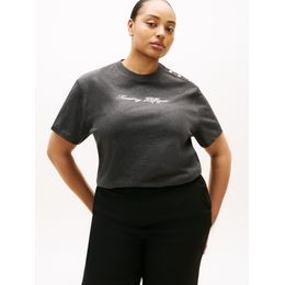 Kurzarmshirt Tommy Hilfiger Curve "CRV GOLD BTN SCRIPT MDRN SS TEE", Damen, Gr. 50, dunkelgrau heather, Single Jersey, Obermaterial: 100% Baumwolle, meliert, Rundhals, Shirts, in gro&szlig;en Gr&ouml;&szlig;en, mit goldfarbenen Kn&ouml;pfen