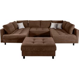 Wohnlandschaft Collection AB "Toni U-Form, B: 298 cm", braun (kaffeebraun), B:298cm H:44cm T:184cm, 100%Polyester, Sofas, Wohnlandschaft, mit Hocker & 3 Zierkissen, Federkern