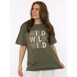 T-Shirt Zwillingsherz "Wild Wild Wild", Damen, Gr. L, khaki, Web, Obermaterial: 95% Baumwolle, 5% Elasthan, Basic h&uuml;ftlang, Rundhals, gerader Abschluss, Shirts T-Shirt, gro&szlig;er, gestickter Schriftzug mit Leomuster, Rundhals