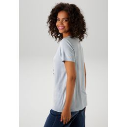 Aniston CASUAL Damen T-Shirt, blau, Gr. 48, bedruckt, Single Jersey, Obermaterial: 95% Viskose, 5% Elasthan, Shirts, mit Schleife und Schriftzug