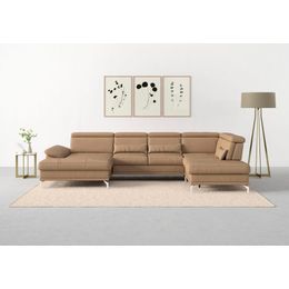 Sit & More Wohnlandschaft SIT & MORE "Cabrio U-Form, B: 359 cm, mit Sitztiefen-, Arm- & Kopfteilverstellung", braun (cappucino), B:359cm H:87cm T:230cm, Sofas, Wohnlandschaft, 3 Nierenkissen, Federkern, optional Bettfunktion und Stauraum