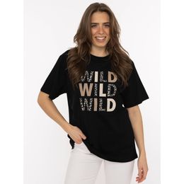T-Shirt Zwillingsherz "Wild Wild Wild", Damen, Gr. XL, schwarz, Web, Obermaterial: 95% Baumwolle, 5% Elasthan, Basic h&uuml;ftlang, Rundhals, gerader Abschluss, Shirts T-Shirt, gro&szlig;er, gestickter Schriftzug mit Leomuster, Rundhals