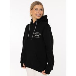 Hoodie Zwillingsherz "Wings", Damen, Gr. S/M, schwarz, Sweatware, Obermaterial: 50% Baumwolle, 50% Polyester, comfort fit Po-bedeckend, ohne Ausschnitt, angesetztes B&uuml;ndchen mit Daumenl&ouml;chern, Sweatshirts Hoodie, glamour&ouml;se Stickerei mit Fl&uuml;geln, Pailletten, gl&auml;nzende Kordel