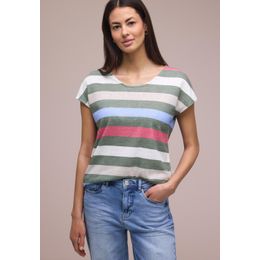 T-Shirt Street One, Damen, Gr. 34, bound gr&uuml;n, Stoff, 80% Polyester, 20% Viskose, gestreift, normal normal, V-Ausschnitt, abgesteppt, Shirts T-Shirt, mit V-Ausschnitt