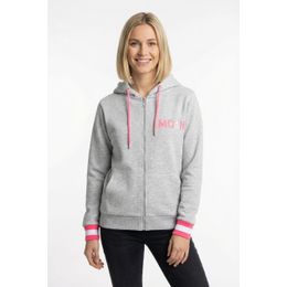 Kapuzensweatjacke Zwillingsherz "Rahel", Damen, Gr. S, grau (hellgrau), Sweatware, Obermaterial: 50% Baumwolle, 50% Polyester, bedruckt, unifarben, h&uuml;ftbedeckend, ohne Ausschnitt, Rippb&uuml;ndchen kontrastfarben, Sweatjacken, Langarm, Kapuze, Rei&szlig;verschluss, modisch, Schriftzug, Taschen