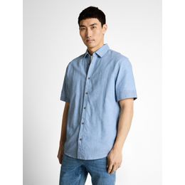 Tom Tailor Herren Kurzarmhemd, blau, Gr. XXL, unifarben, Web, Obermaterial: 55% Leinen, 45% Baumwolle, Hemden, mit Kent Kragen