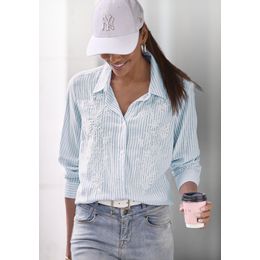 Langarmbluse Lascana, Damen, Gr. 40, blau, creme gestreift, Web, Obermaterial: 55% Baumwolle, 35% Viskose, 10% Leinen, bestickt, gestreift, figurumspielend kniebedeckend, mit Knopf, Blusen Langarmbluse, mit floraler Stickerei, Topseller