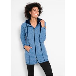 Strickfleecejacke bonprix, Damen, Gr. 56/58 (XXXL), mittelblau, dunkelblau meliert, Strick, Obermaterial: 100% Polyester. Kapuzenfutter: 100% Baumwolle, kontrastfarbene Details, meliert, slim fit ca. Mitte Oberschenkel, Jacken Strickfleecejacke, mit Kapuze mit Kordelzug, Rei&szlig;verschlusstaschen