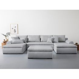 Wohnlandschaft Home Affaire "Win U-Form, B: 366 cm - OTTO. Verl&auml;ssliche Qualit&auml;t.", grau (silbergrau), B:366cm H:85cm T:176cm, 100% Polyester, Sofas, Wohnlandschaft, mit Bettfunktion, Bettkasten & 5 Zierkissen