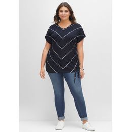 sheego Damen Kurzarmshirt "T-Shirt", blau, Gr. 52, gemustert, gestreift, mehrfarbig, 95% Viskose, 5% Elasthan, Shirts