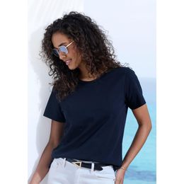 Damen T-Shirt "mit modischem Schlitz am Saum", schwarz, Basic, Gr. 32, BEACHTIME BY LASCANA, unifarben, Single Jersey, Obermaterial: 100% Baumwolle,