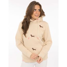 Hoodie Zwillingsherz "Dackel all over", Damen, Gr. L/XL, beige, Sweatware, Obermaterial: 50% Baumwolle, 50% Polyester, ohne Ausschnitt, angesetztes B&uuml;ndchen, Sweatshirts Hoodie, gestickte Dackel auf Vorderteil, Kapuze, Tasche, Rippb&uuml;ndchen