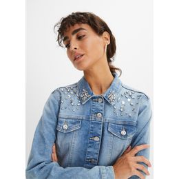 Jeansjacke bonprix, Damen, Gr. 54, blau denim, Denim/Jeans, Obermaterial: 98% Baumwolle, 2% Elasthan, Abriebeffekte, unifarben, klassisch h&uuml;ftlang, 1-Knopf-Manschette, Jacken Jeansjacke, in klassischer Form und mit hochwertigen Glitzersteinen