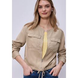 Kurzjacke Street One, Damen, Gr. 42, safari beige, Stoff, 100% Lyocell, unifarben, normal normal, Rundhals, B&uuml;ndchen, Jacken Kurzjacke, mit Brusttasche