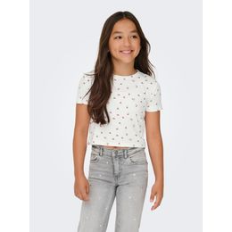 T-Shirt KIDS Only "KOGBELLA LIFE SHORT AOP S/S TOP JRS NOOS", M&auml;dchen, Gr. 122/128, cloud dancer aop:cherry, Feinripp, Obermaterial: 95% Baumwolle, 5% Elasthan, Minimalmuster, bedruckt, figurbetont taillenbedeckt, Rundhals, Shirts T-Shirt
