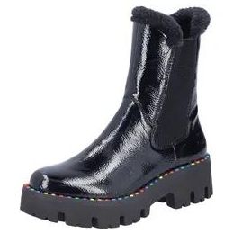 Winterstiefelette Rieker, Damen, Gr. 43, schwarz, Lacklederimitat, Textil, gl&auml;nzend, Schuhe Winterstiefelette, Plateauboots, Winterboots, Lack-Stiefelette mit buntem Sohlenrand
