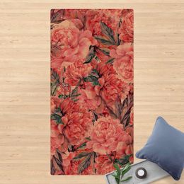 Bilderwelten Kork-Teppich Illustration rot Blumen Aquarell - Zartes Aquarell Rote Pfingstrosen Muster - Rose Wohnzimmer Schlafzimmer