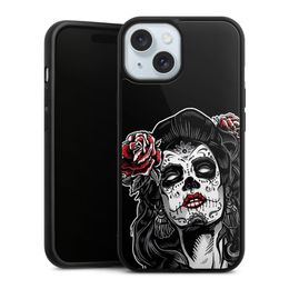 DeinDesign iPhone 15 Handy Gallery Case Handyh&uuml;lle 9H Geh&auml;rtetes Glas R&uuml;ckseite H&uuml;lle Rock 'N' Roll Totenkopf D&iacute;a De Los Muertos Gallery Case