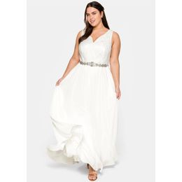 Abendkleid sheego "Abendkleid", Damen, Gr. 50, Normalgr&ouml;&szlig;en, wei&szlig; (sanftes wei&szlig;), 100% Polyester, Unterrock:55% Baumwolle, 45% Polyester, unifarben, lang, herzf&ouml;rmiger Ausschnitt, Kleider Abendkleid