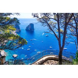Fototapete papermoon "CAPRI-INSEL STRAND KLIPPEN K&Uuml;STE BLUME GEBIRGE TERRASSE", bunt, B:3,5m L:2,6m, Vlies, Tapeten
