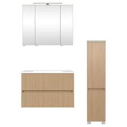 Badm&ouml;bel-Set Welltime "EIXO, Set aus Spiegelschrank, Waschtisch und Midischrank", braun (eiche hell), B:110cm H:200cm T:47cm, Holzwerkstoff, Kastenm&ouml;bel-Sets, Badm&ouml;bel-Set, Set 110 cm breit, Badm&ouml;bel mit LED-Beleuchtung