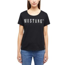 Rundhalsshirt Mustang "ALMA", Damen, Gr. M, schwarz, Jersey, Obermaterial: 100% Baumwolle, bedruckt, regular fit normal, Rundhals, Shirts Rundhalsshirt, mit Logo Print