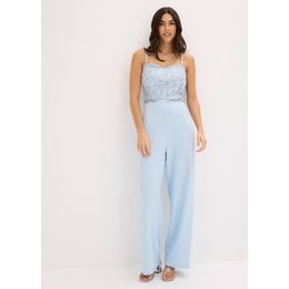 bonprix Overall aus strukturiertem Crepe mit Perlenstickerei, blau, Gr.40, Modern und sexy: Overall aus strukturiertem Crepe mit Bustier-Ausschnitt und Perlenstickerei im Oberteil