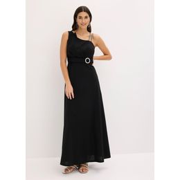 bonprix Abendkleid aus strukturiertem Crepe mit Drapierung, schwarz, Gr.48, Maxikleid aus strukturiertem Crep&eacute; mit Drapierung und Schmuckschnalle