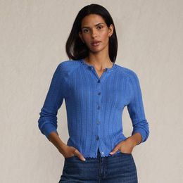 LANDS' END Ajour-Cardigan aus Baumwolle, Damen,  Blau, Baumwolle, by Lands' End