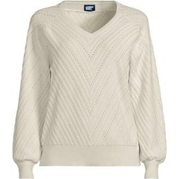 LANDS' END Ajourpullover mit V-Ausschnitt, Damen,  Wei&szlig;, Baumwolle/Nylon/Baumwoll-Mischung, by Lands' End