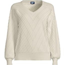 LANDS' END Ajourpullover mit V-Ausschnitt, Damen,  Wei&szlig;, Baumwolle/Nylon/Baumwoll-Mischung, by Lands' End