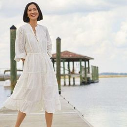LANDS' END Stufenkleid mit Lochstickerei, Damen,  Wei&szlig;, Baumwolle, by Lands' End