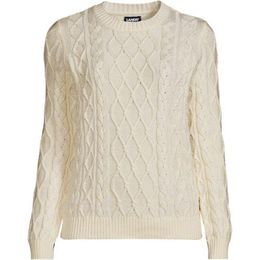 LANDS' END Aran-Rundhalspullover DRIFTER, Damen,  Wei&szlig;, Baumwolle, by Lands' End
